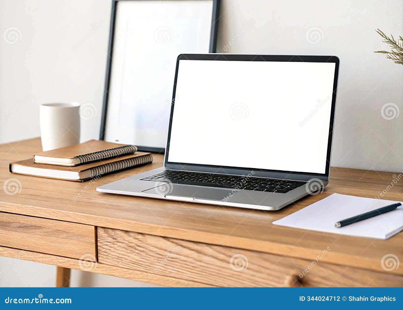 Laptop with Blank White Screen Over Wooden Desk Stock Photo - Image of ...