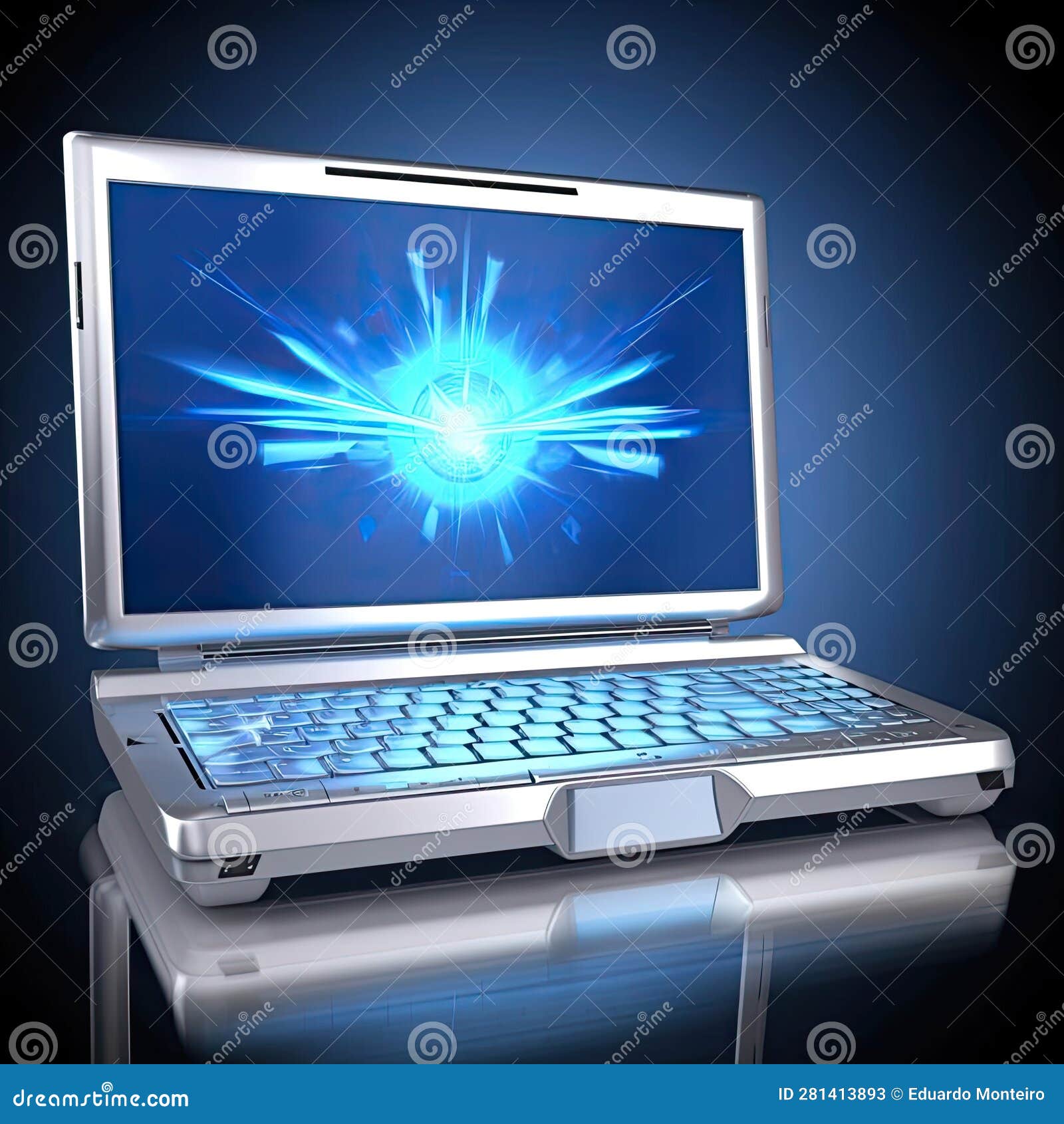 Laptop with Blue Light Rays on the Screen - 3D Rendering Stock ...