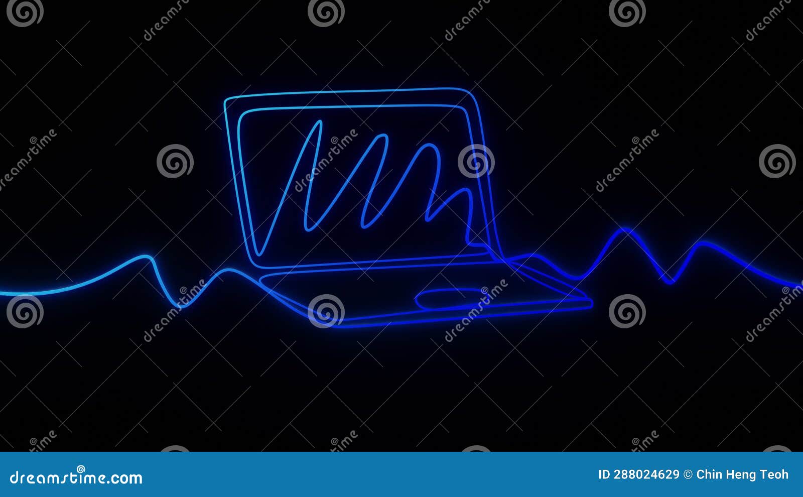 Laptop with Blue Neon Lines on Black Background. Illustration Stock ...