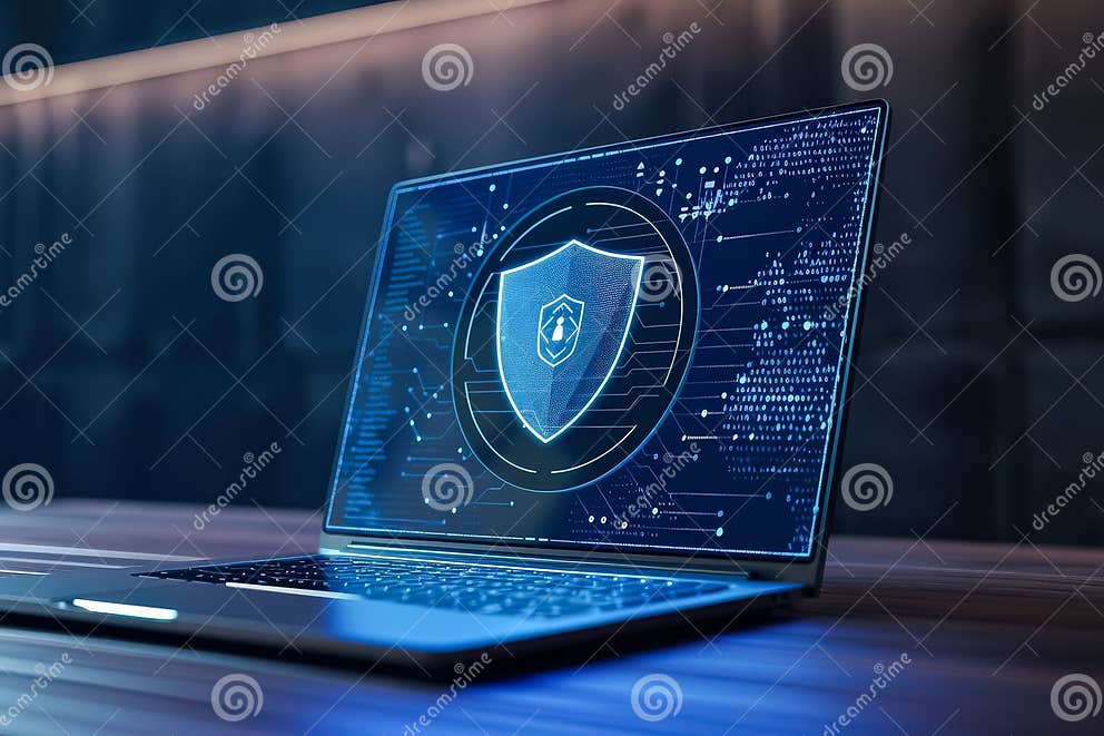 Laptop with a Blue Screen and a Red Shield on it. Stock Image - Image ...