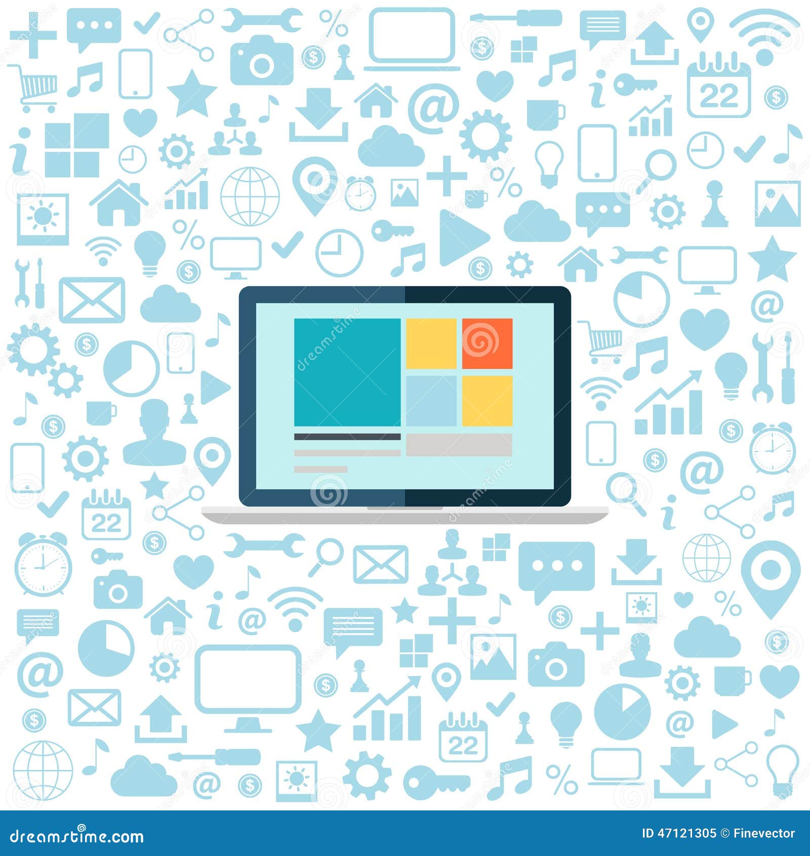 Laptop with Blue Web Icons Set. Flat Vector Illustration. Stock Vector ...