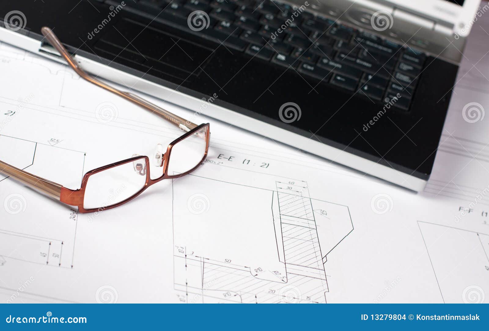 Laptop on blueprint stock photo. Image of instrument - 13279804