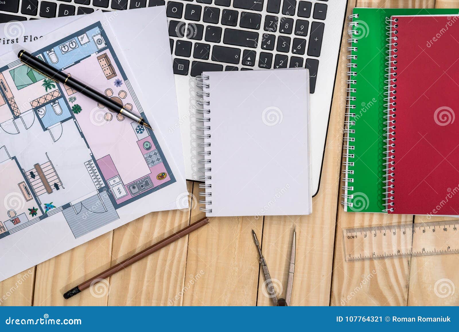 Laptop With Blueprint. Architecture Drawing With Tools Royalty-Free ...