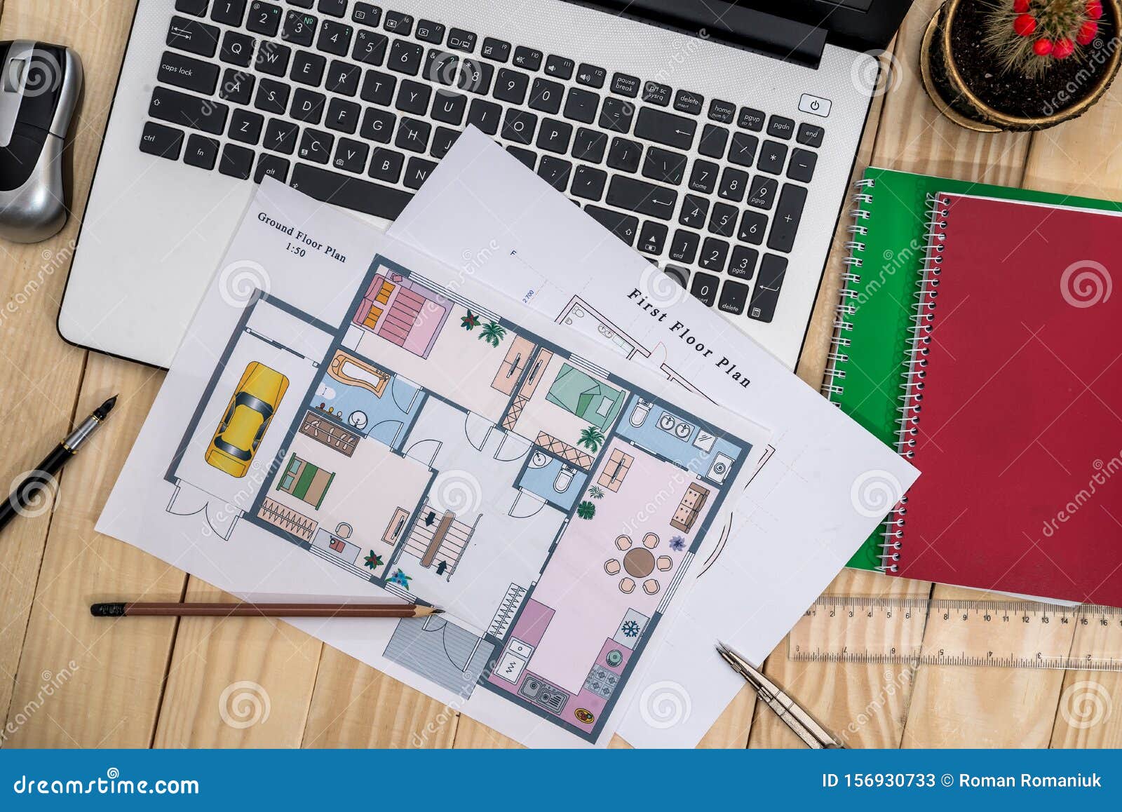 Laptop with Blueprint. Architecture Drawing with Tools Stock Image ...