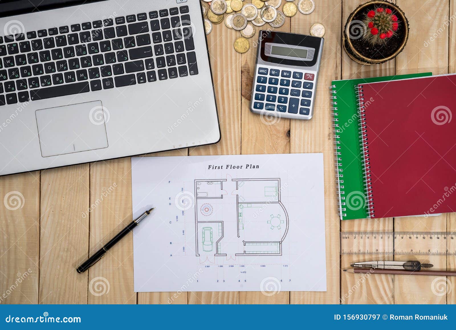 Laptop with Blueprint. Architecture Drawing with Tools Stock Image ...