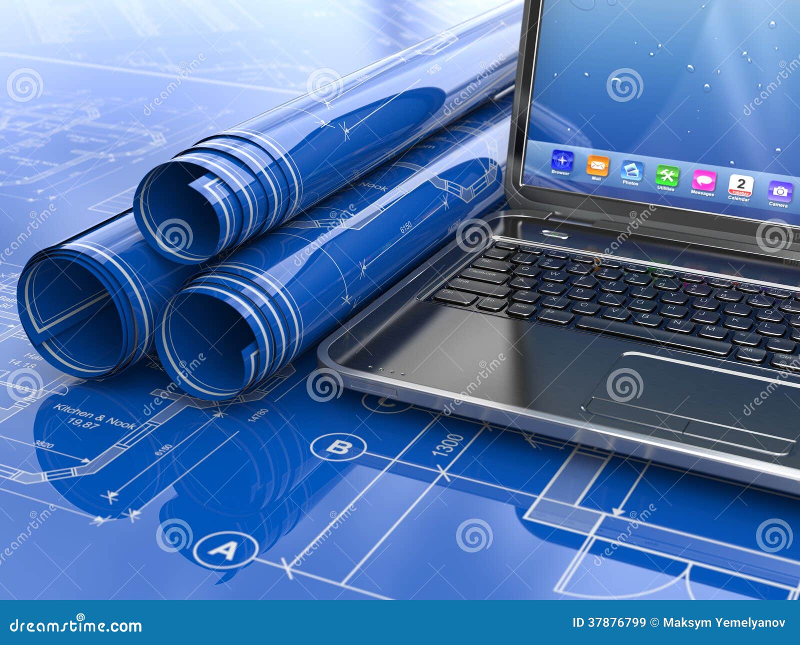 Laptop and Blueprint with House Project. Stock Illustration ...