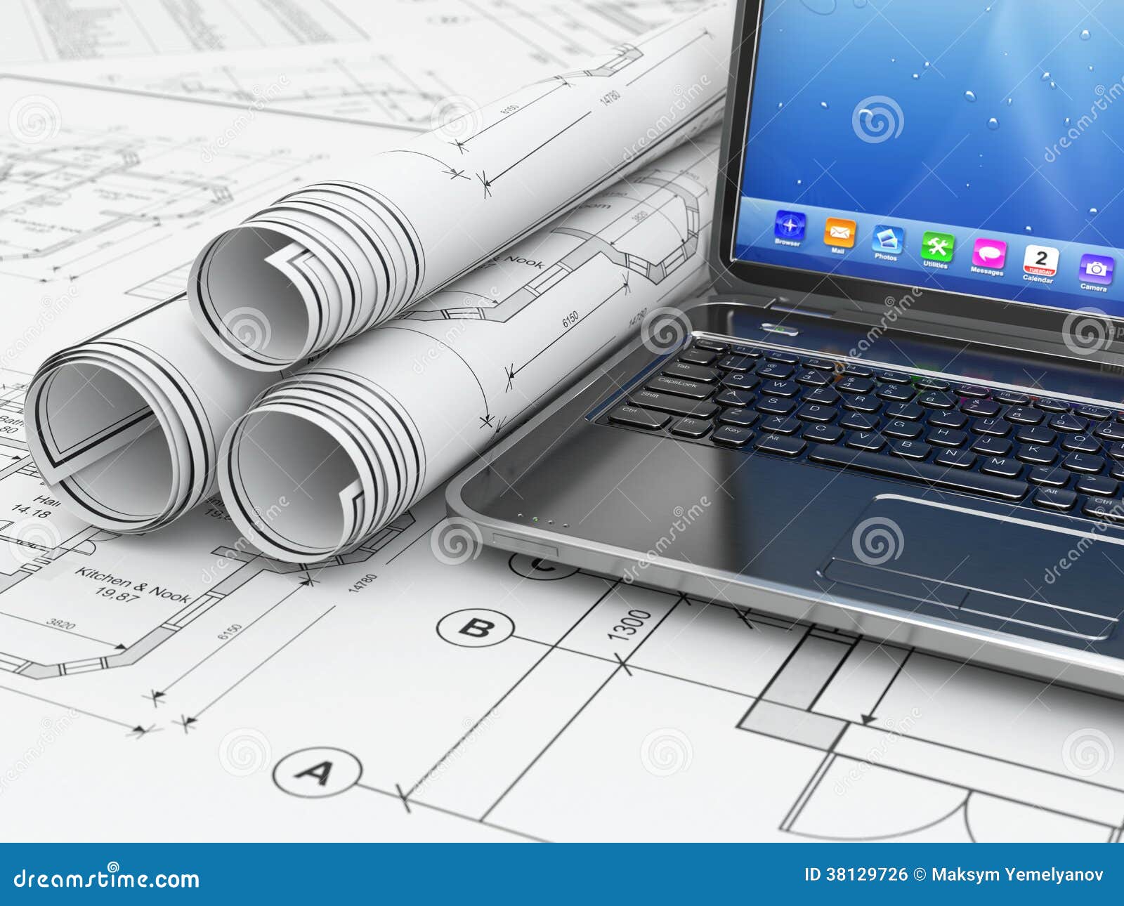 Laptop and Blueprint with House Project. Stock Illustration ...