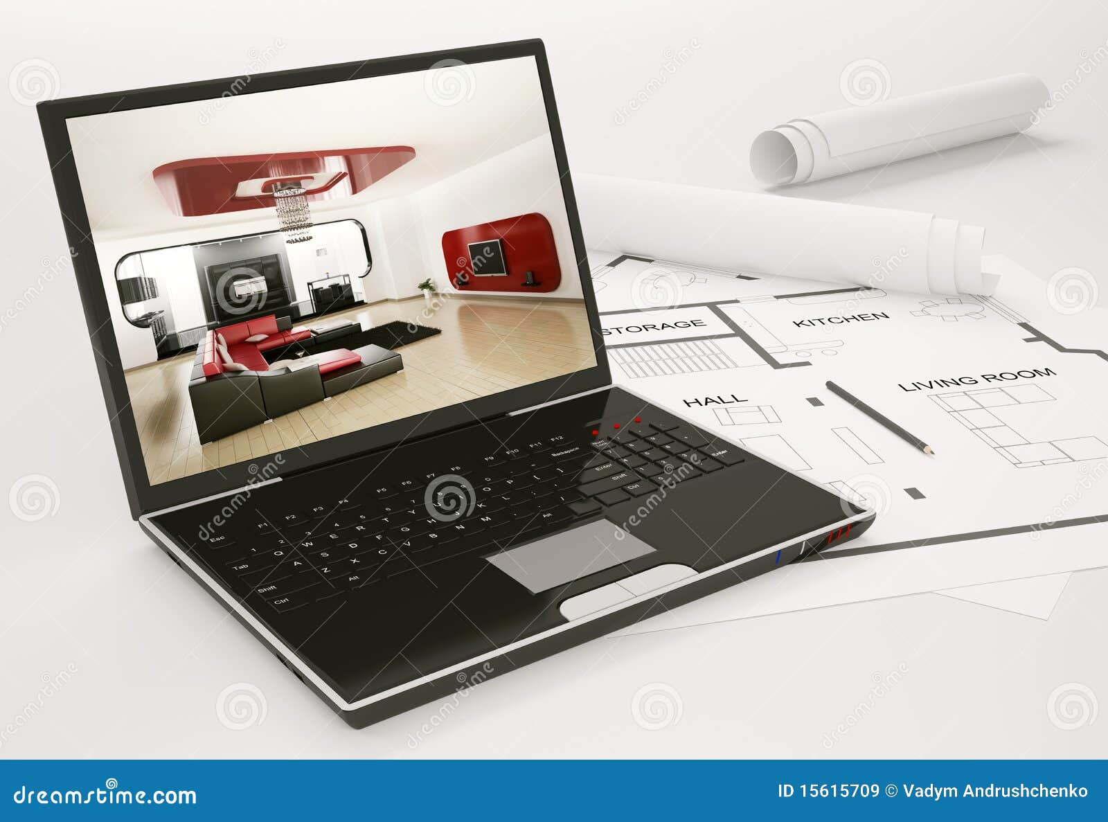 Laptop and Blueprint of Housing Project 3d Stock Illustration ...