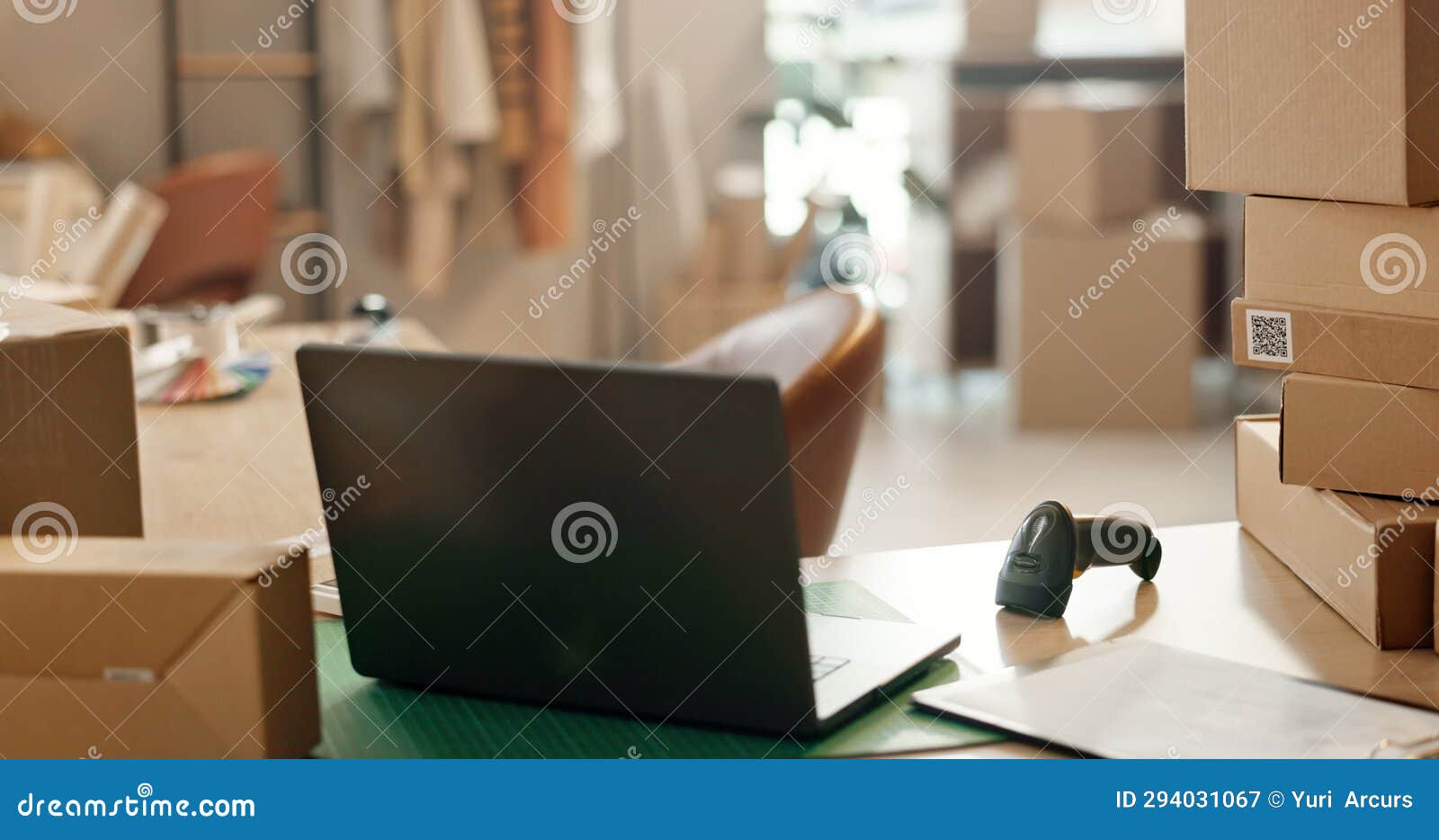 Laptop, Boxes and Empty Warehouse for Logistics, Supply Chain and ...