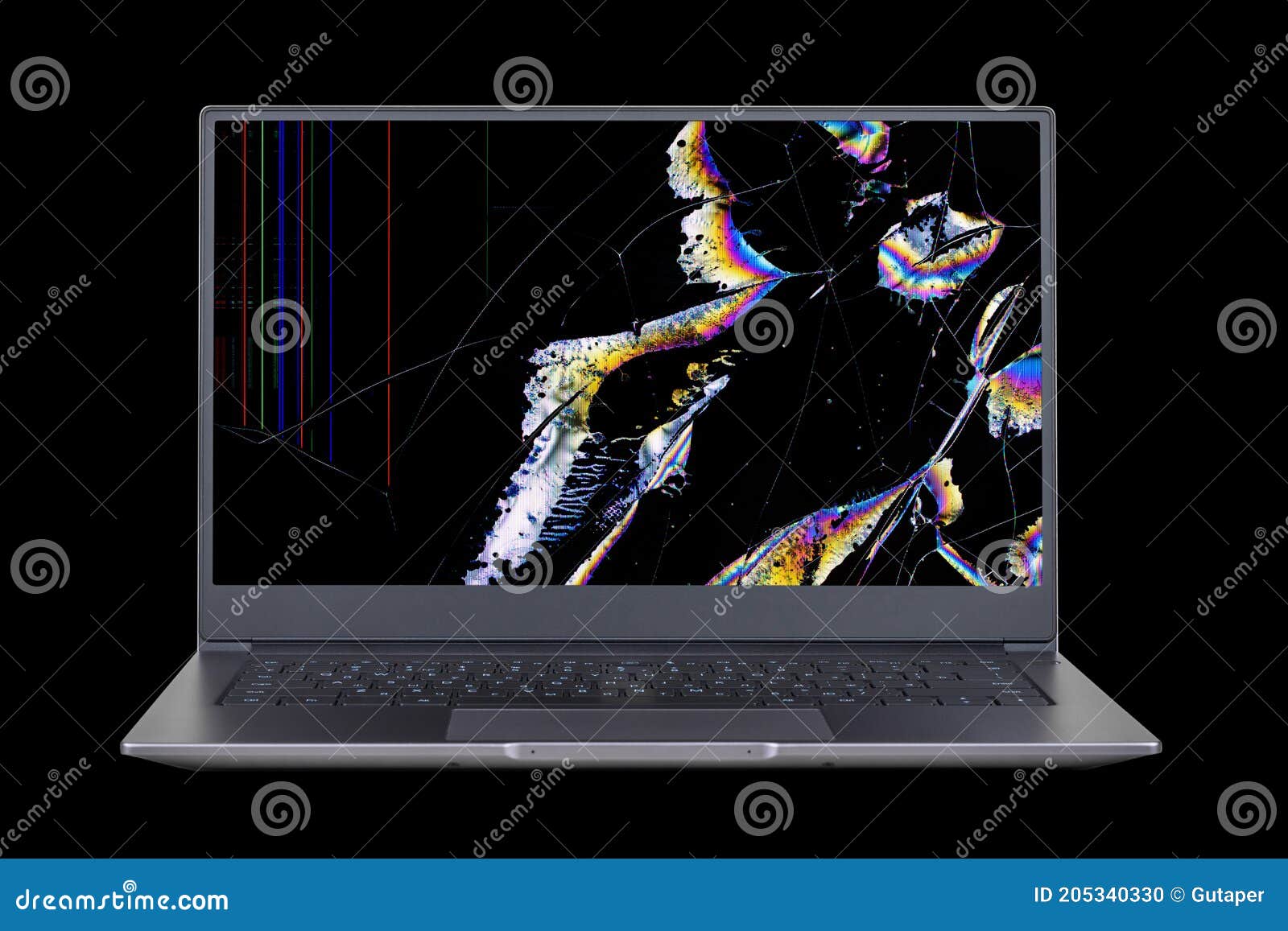 Laptop with a Broken Screen in Color Spots and Cracks Isolated on Black ...