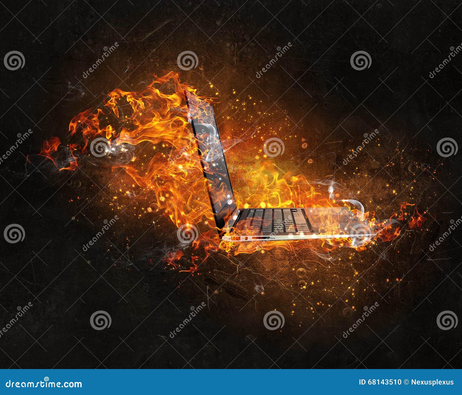 Laptop burning with fire stock photo. Image of laptop - 68143510