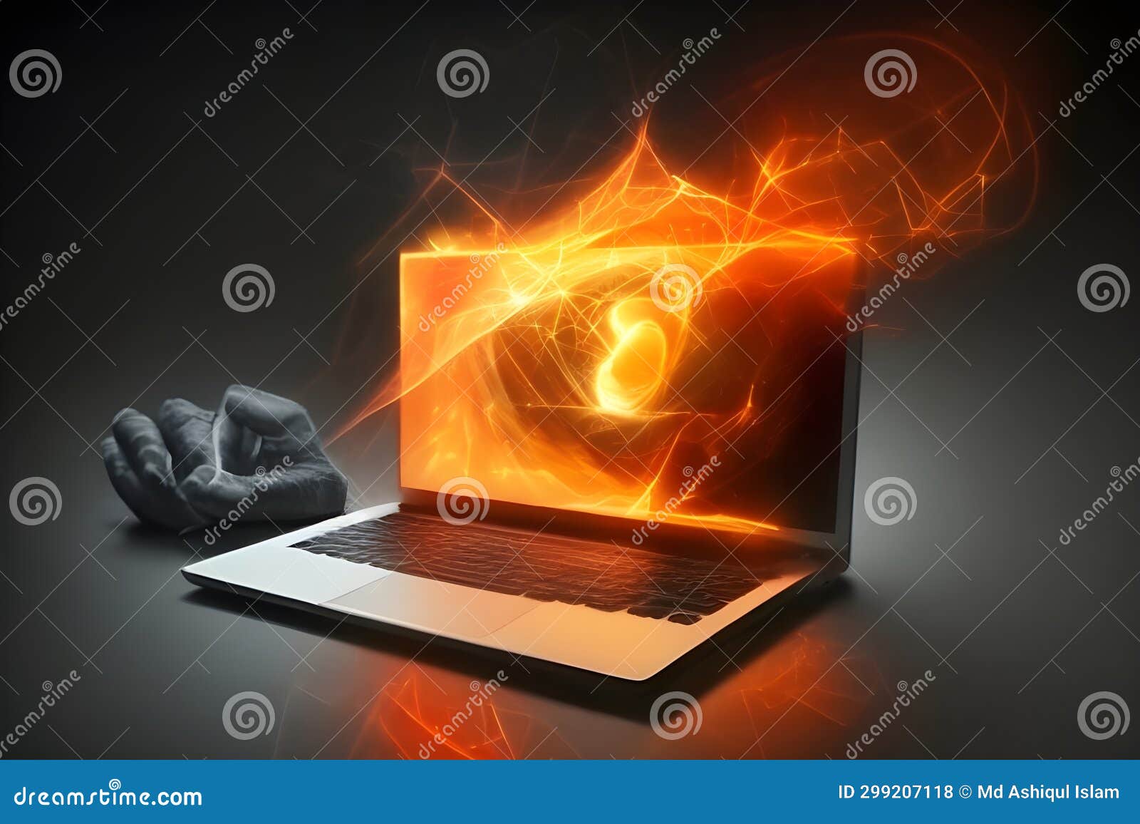 Laptop Burning in Fire on a Dark Background. 3d Rendering Stock ...