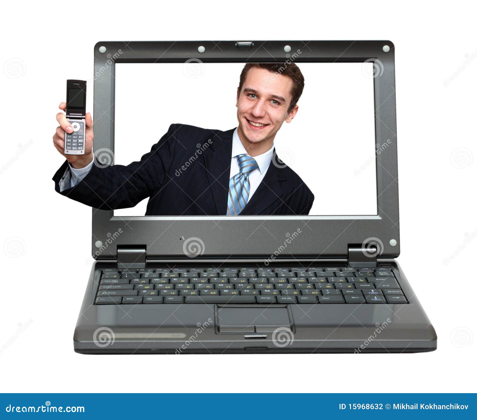 Laptop with Businessman Giving Your Phone Stock Photo - Image of ...