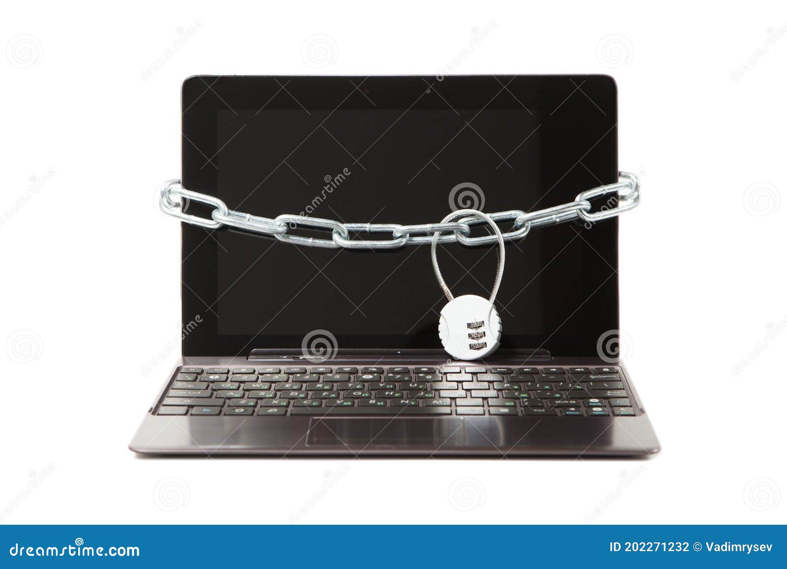 Laptop with Chains and Lock Isolated on White Background. Information ...