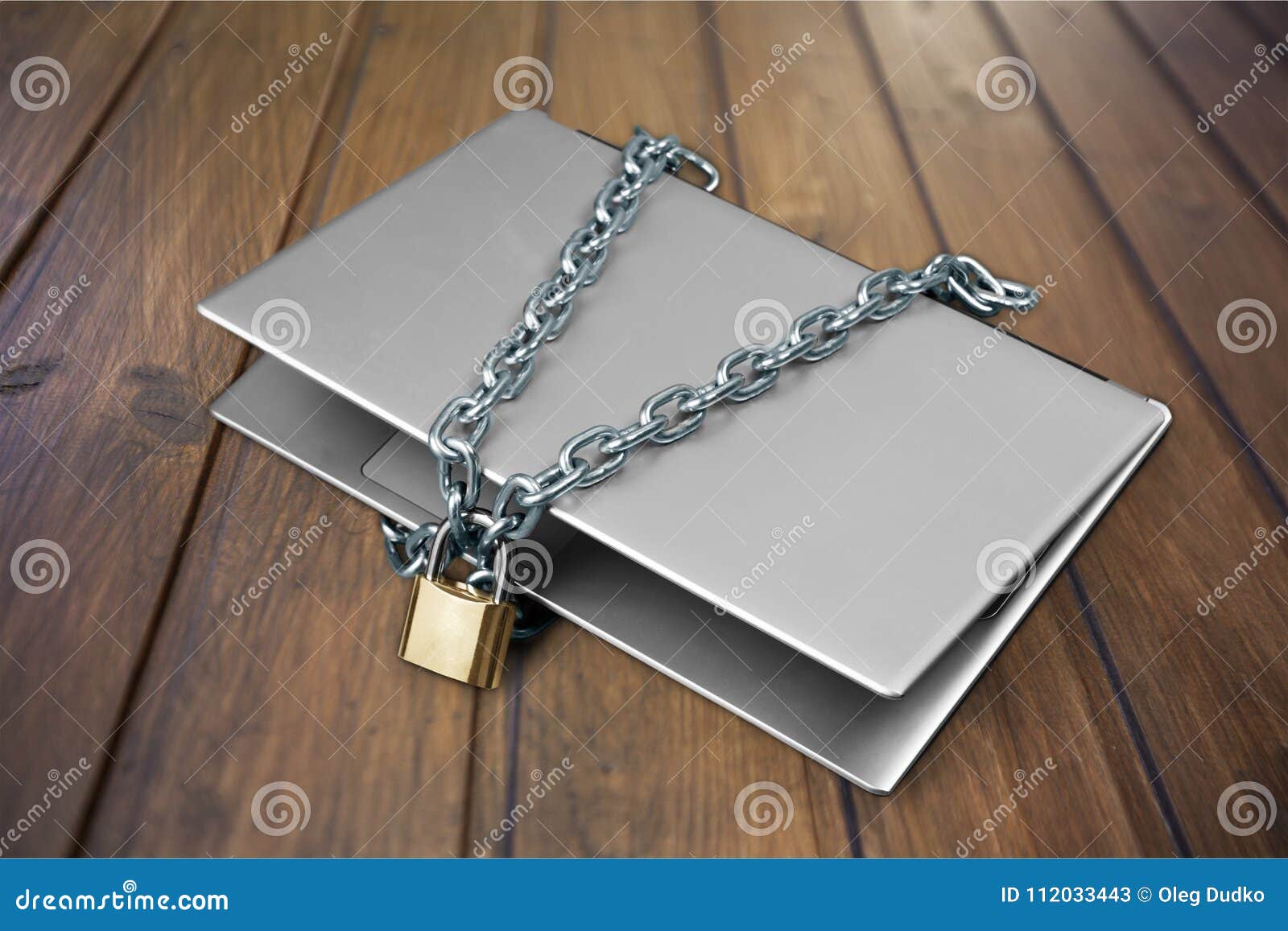 Laptop with Chains and Padlock on Wooden Stock Image - Image of danger ...