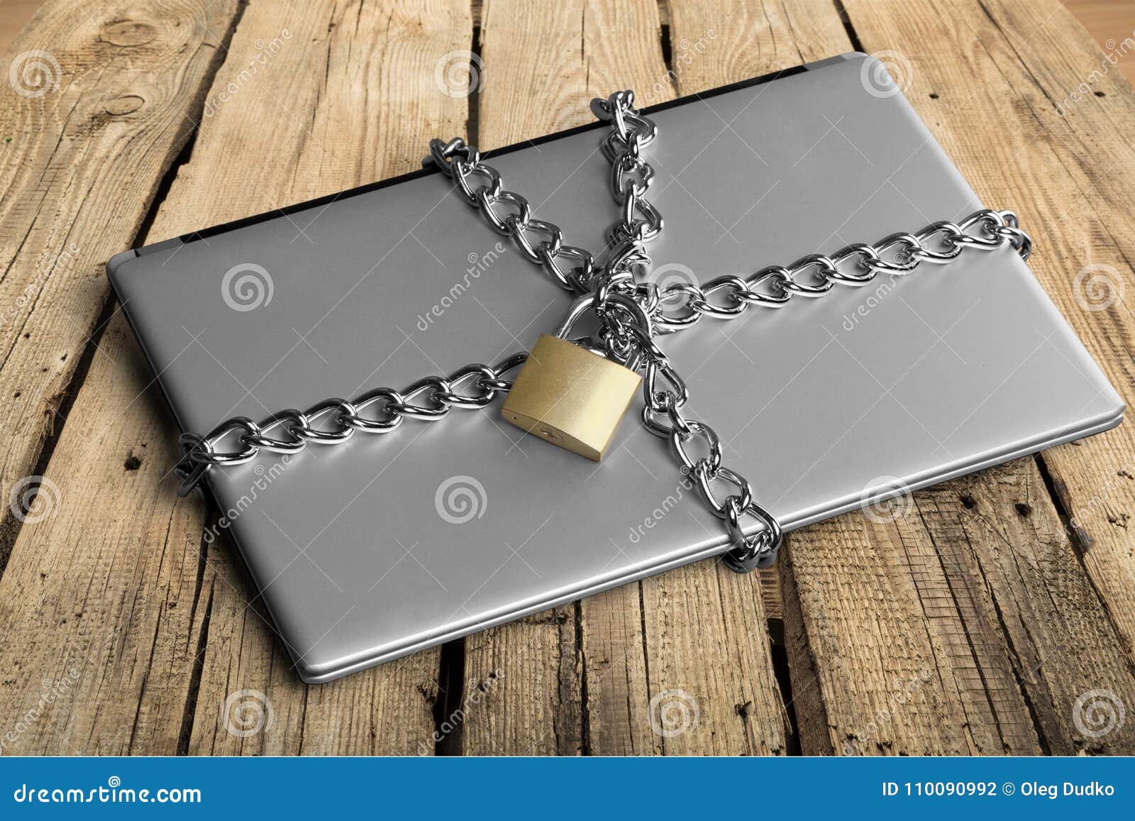 Laptop with Chains and Padlock on Wooden Stock Photo - Image of data ...