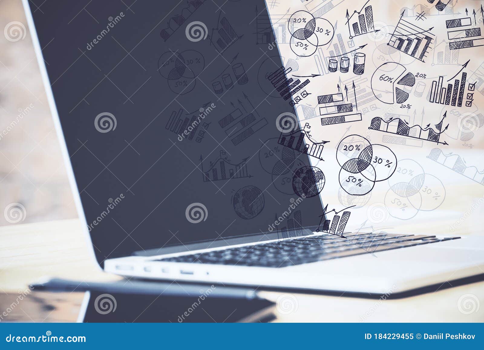 Laptop with Charts and Graphs on Office Table Stock Image - Image of ...