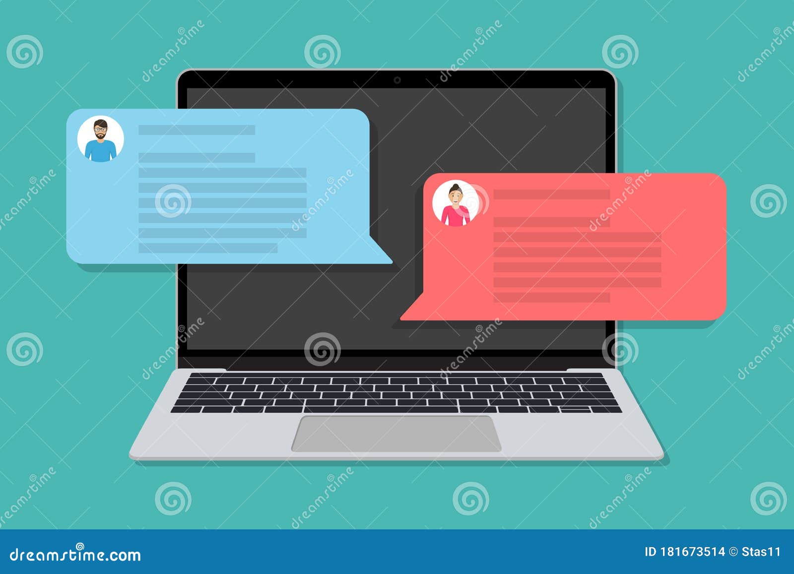 Laptop with Chat Messaging Speech Bubbles in a Flat Design. Online ...
