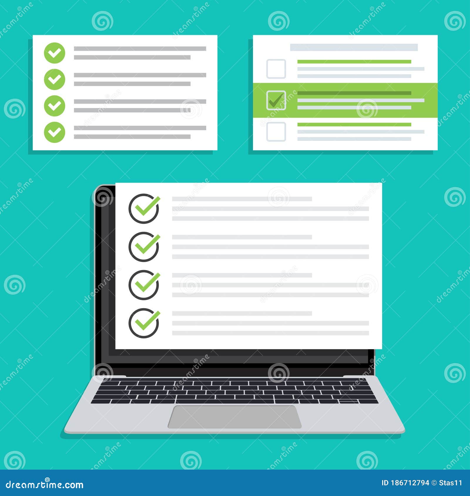 Laptop With Checklist With Check Mark. Ticks In The Circle On The ...