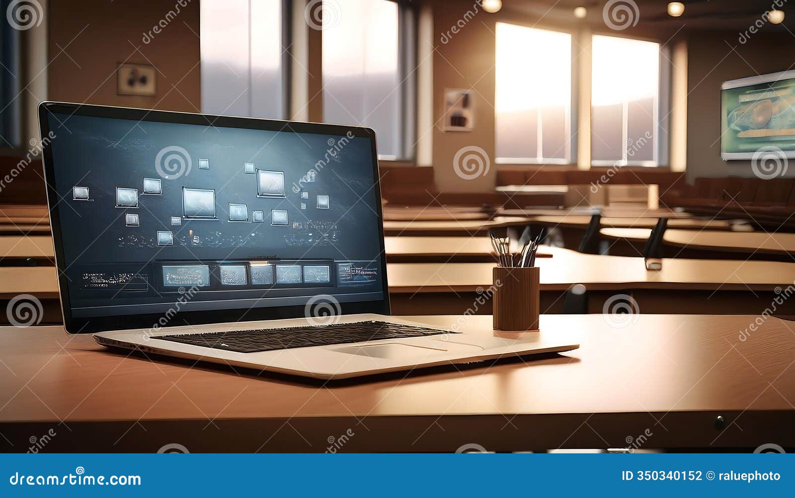 Laptop on a Classroom Desk Displays Multiple Screens. the Room is Empty ...
