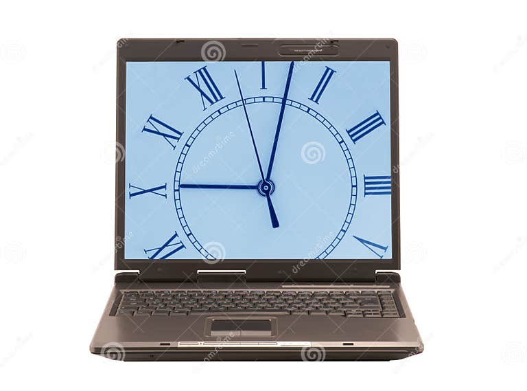 Laptop with Clock on Display Stock Photo - Image of communication ...