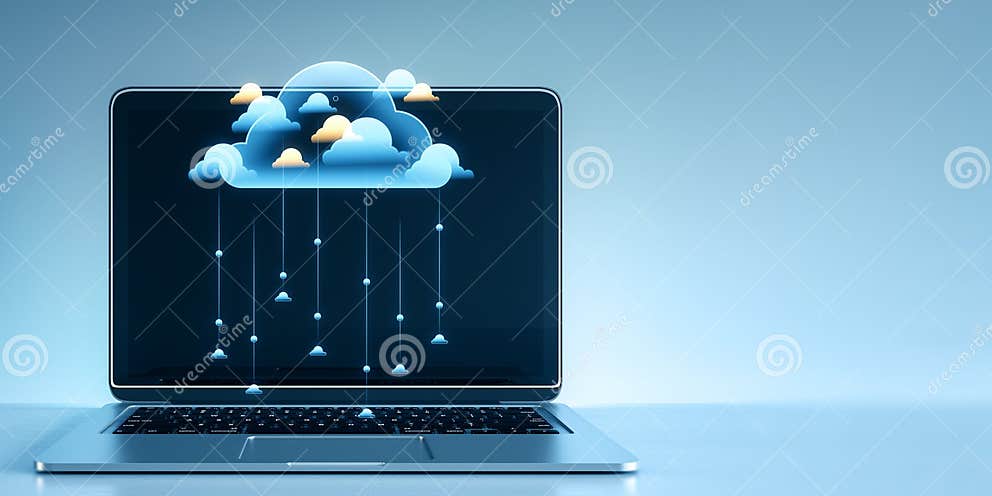 Laptop with Cloud Graphics Symbolizing Cloud Technology on Blue ...