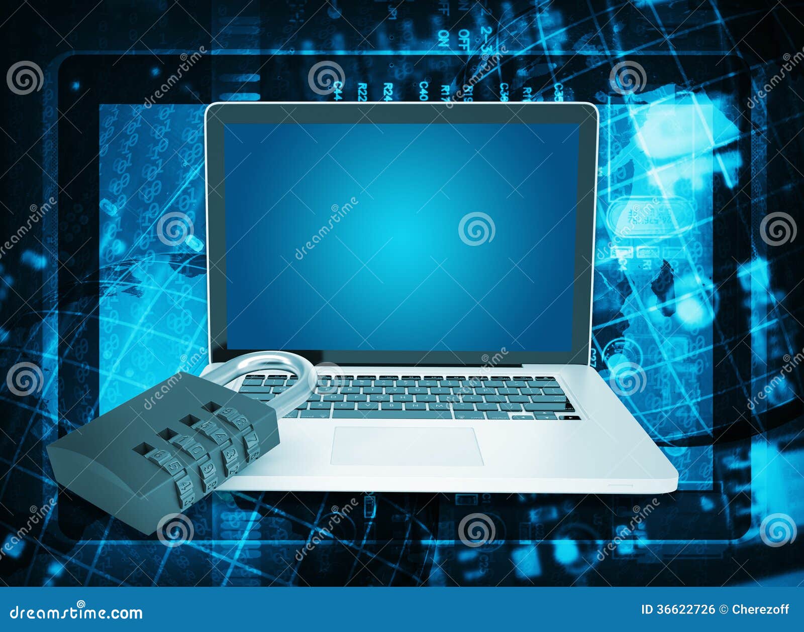 Laptop and Code Lock on Abstract Background Stock Illustration ...