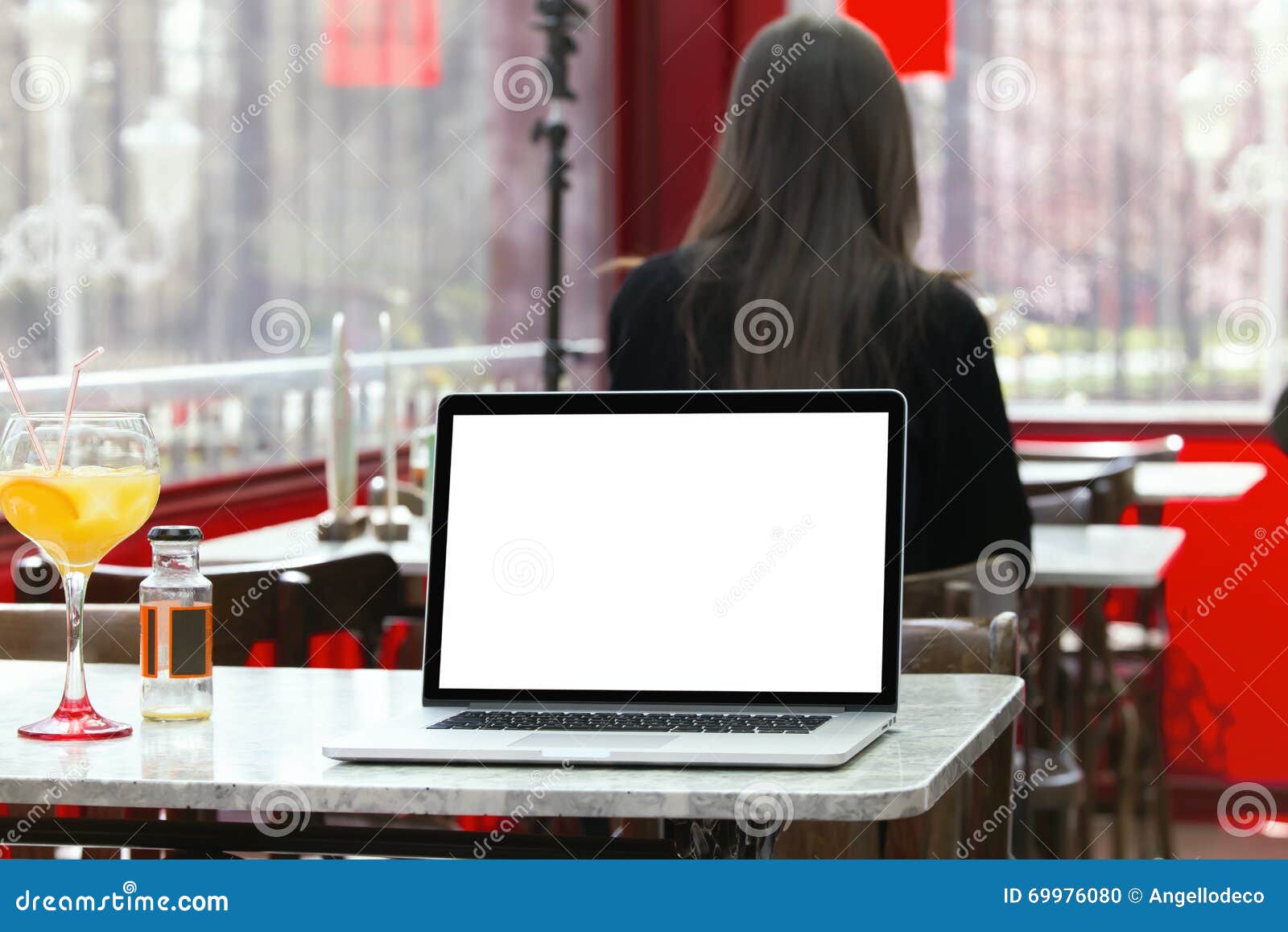 Laptop in a Coffee Shop with White Screen and a Customer in the Stock ...