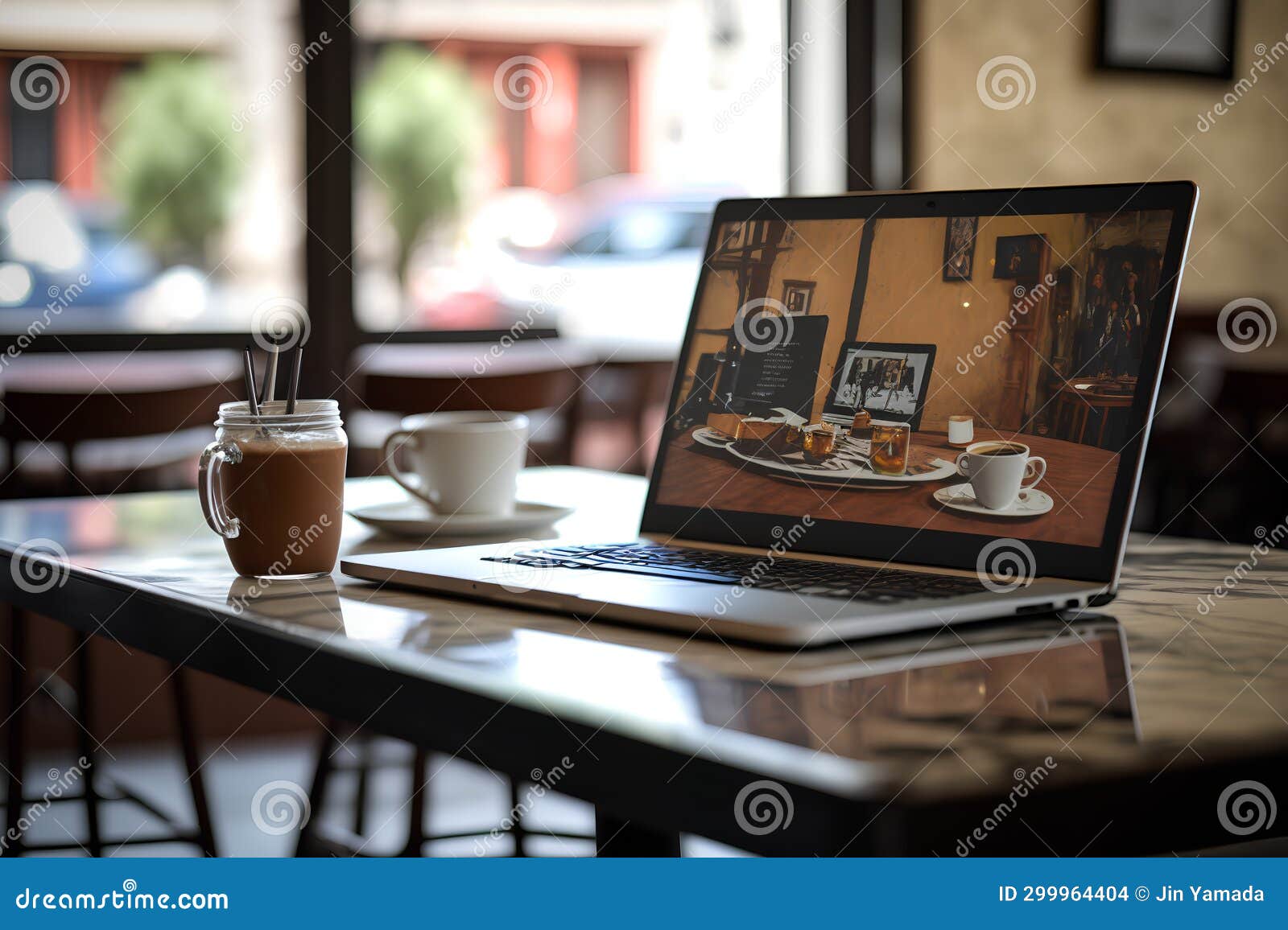 Laptop and Coffee on a Table in a Cafe. 3d Rendering Stock Illustration ...