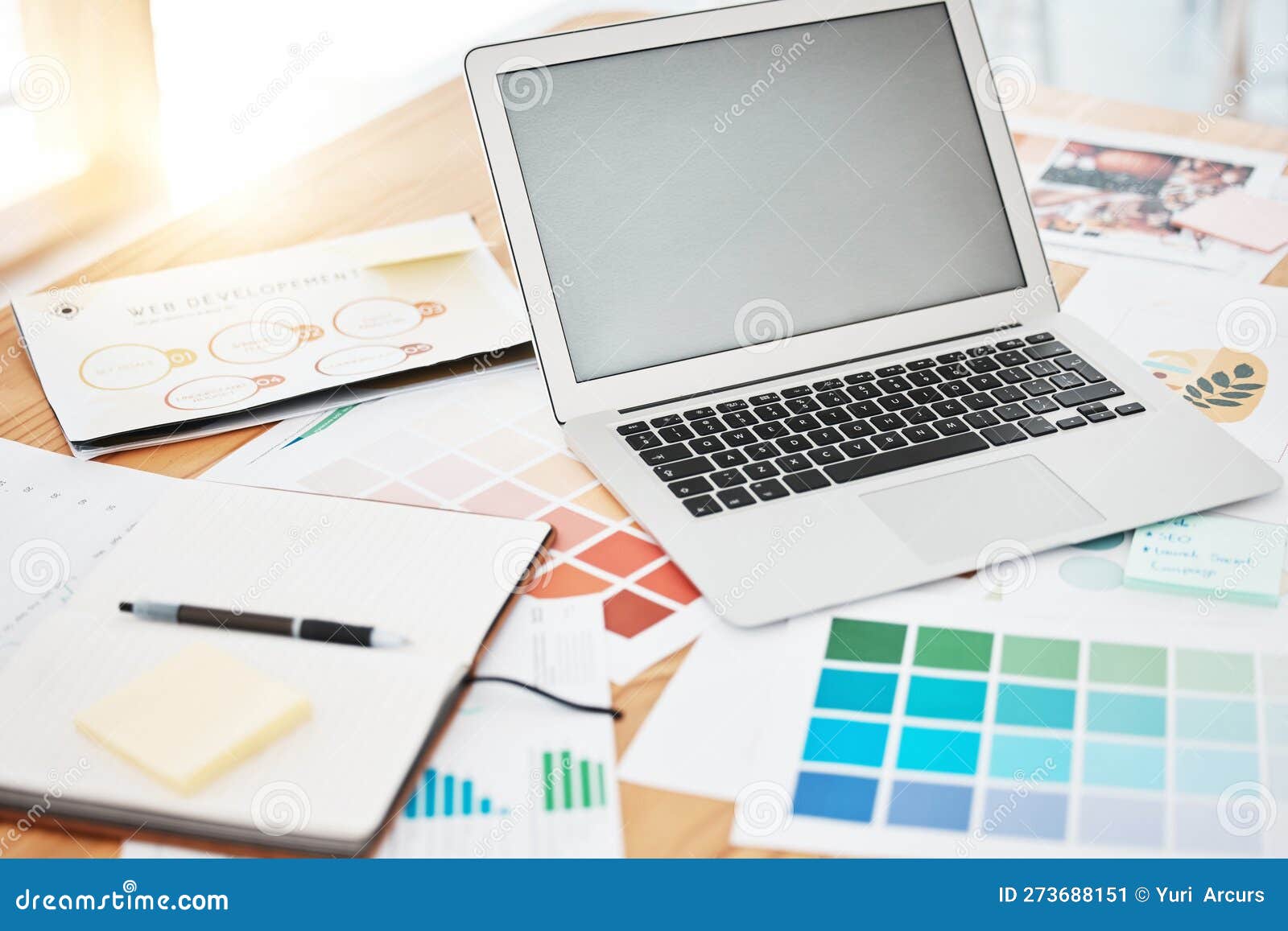 Laptop, Color Swatch and Paper Documents for Interior Design Idea ...