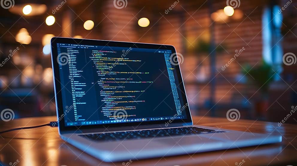 Laptop with Colorful Code Displayed on Screen in a Modern Workspace Stock Illustration ...