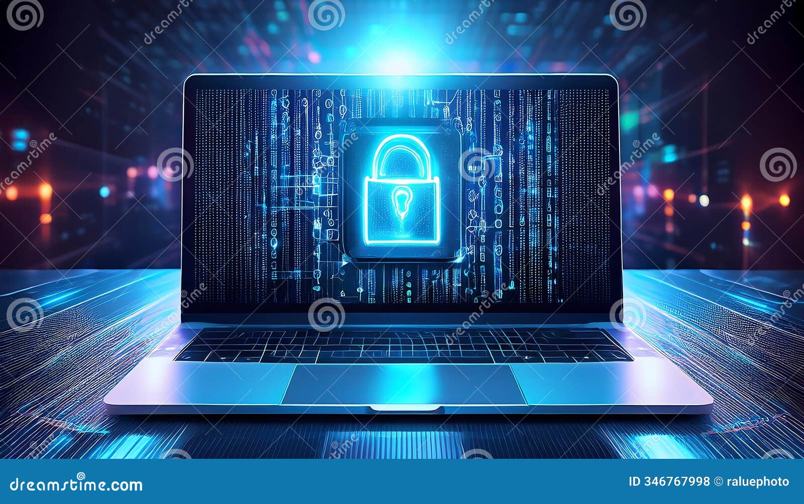 Laptop with Colorful Holographic Interface, Binary Code Matrix, Cyber ...