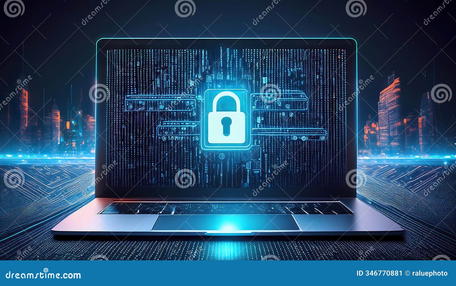 Laptop with Colorful Holographic Interface, Binary Code Matrix, Cyber ...