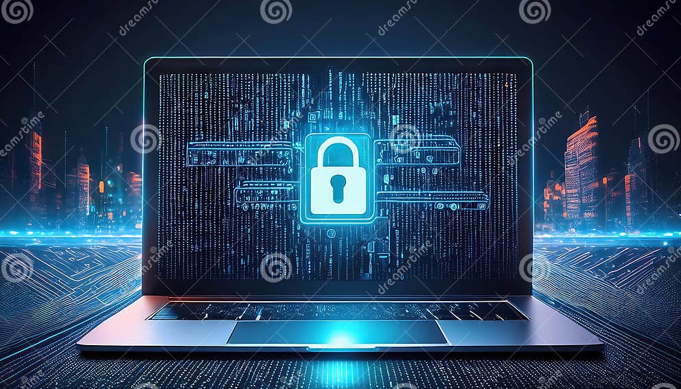 Laptop with Colorful Holographic Interface, Binary Code Matrix, Cyber Security Login Stock ...