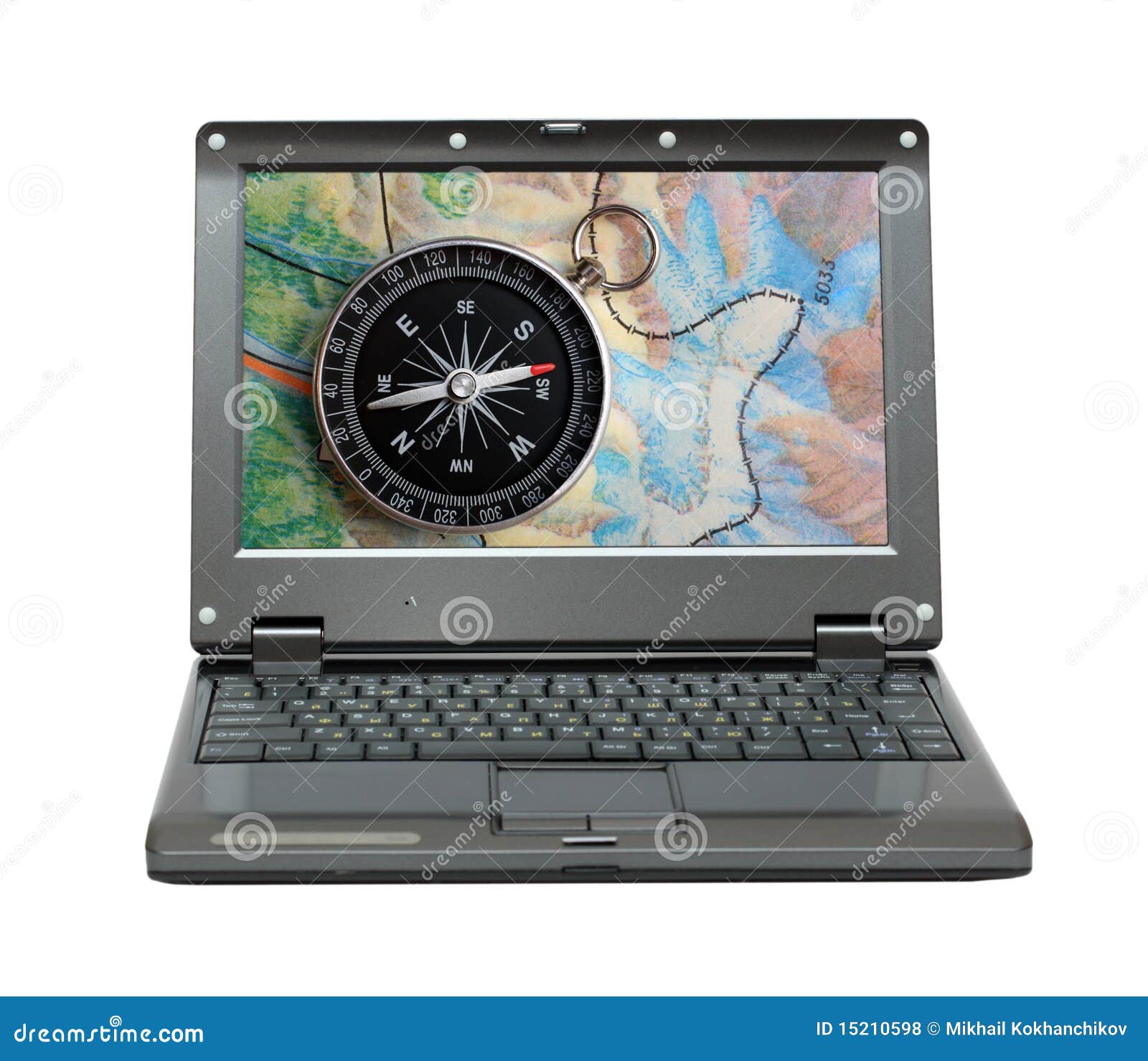 Laptop with Compass and Map Stock Photo - Image of open, aiming: 15210598
