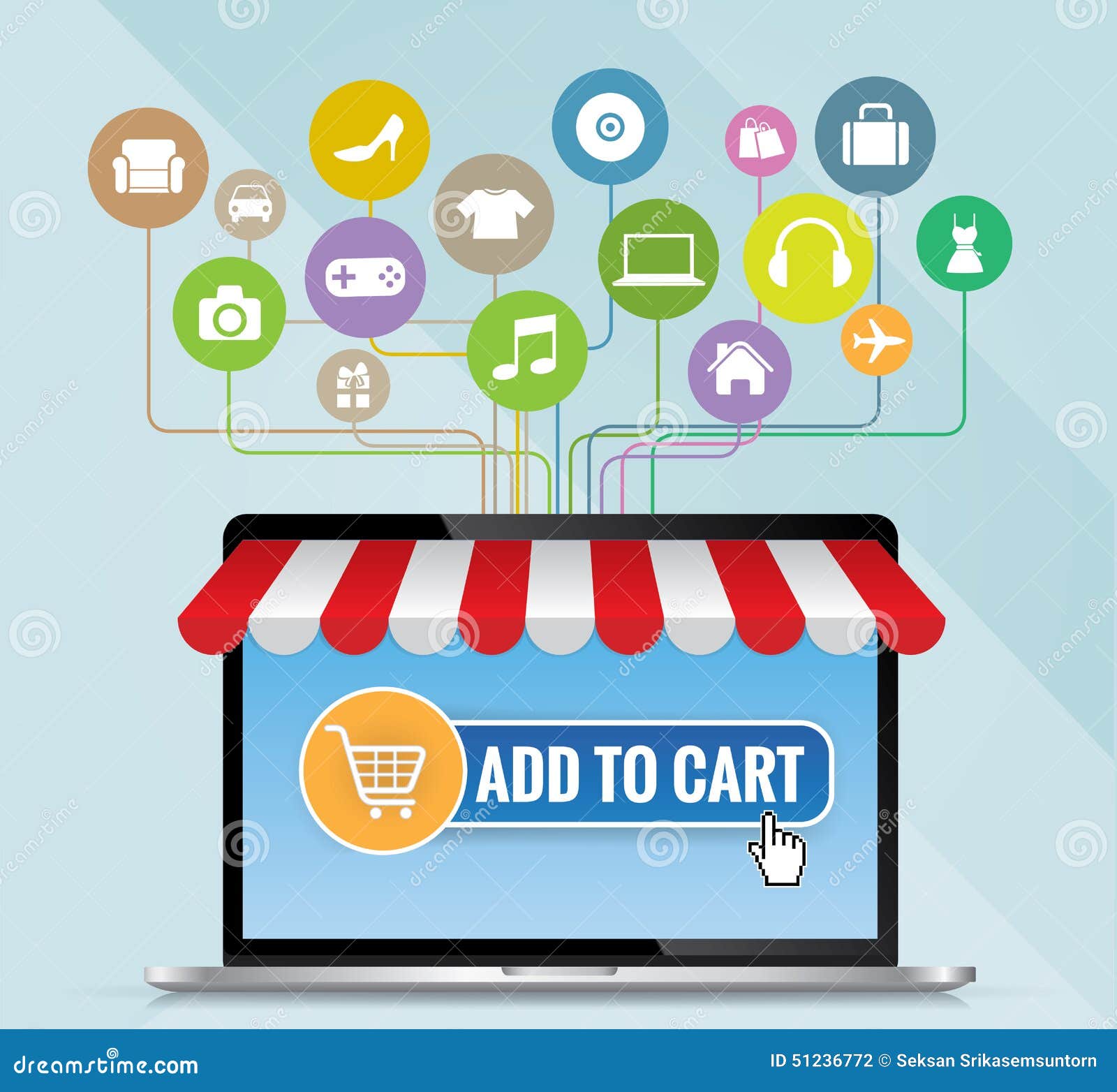 Laptop Computer With Awning And Basket On Line Shop, Cartoon E-commerce ...