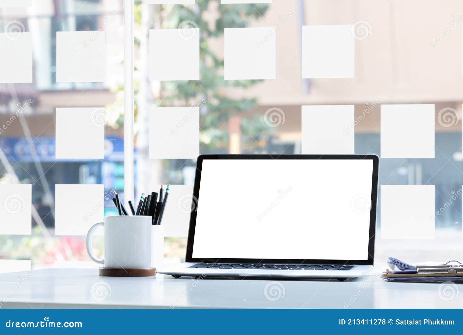 Laptop Computer with Blank on Desk Stock Photo - Image of financial ...