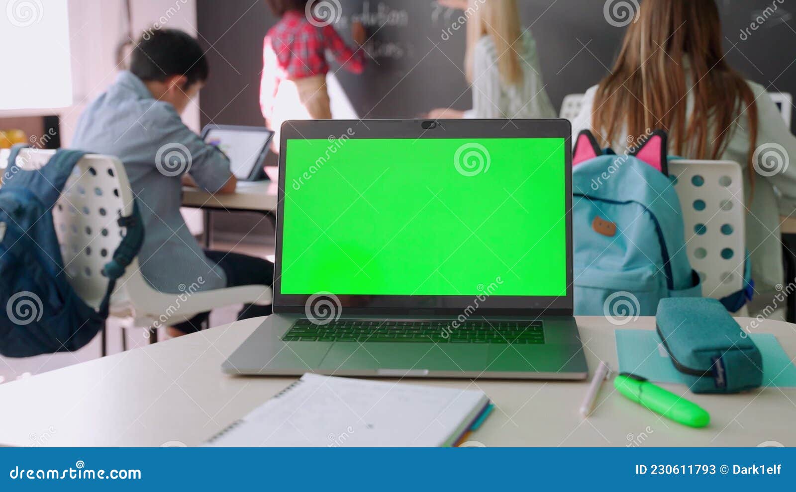 Laptop Computer Blank Empty Green Mockup Screen on School Desk in ...