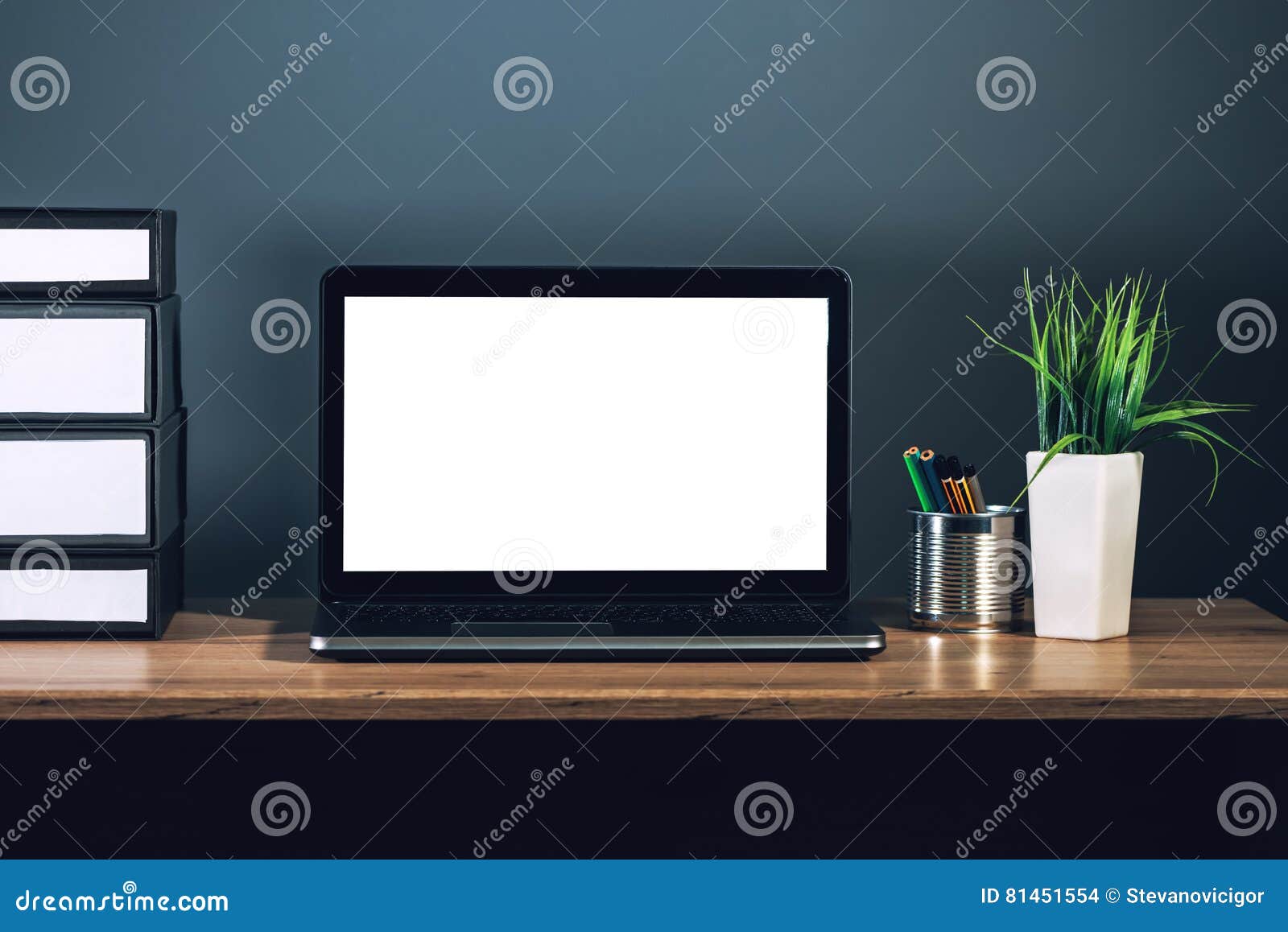 Laptop Computer with Blank Screen on Office Desktop Stock Photo - Image ...