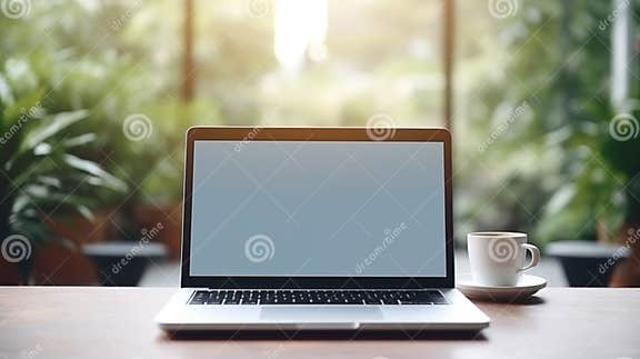 Laptop Computer with Blank Screen on Work Table Front View. Stock ...