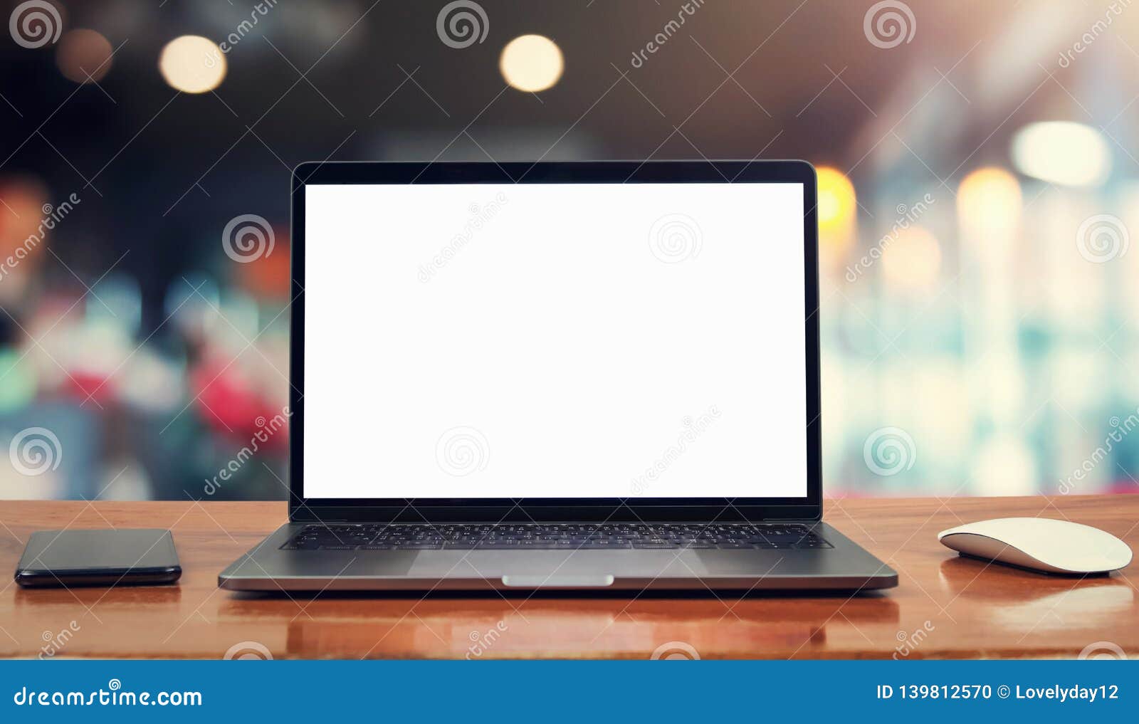 Laptop Computer Blank White Screen and Mobile on Table in Cafe Stock ... Laptop Computer Blank White Screen and Mobile on Table in Cafe Stock ...