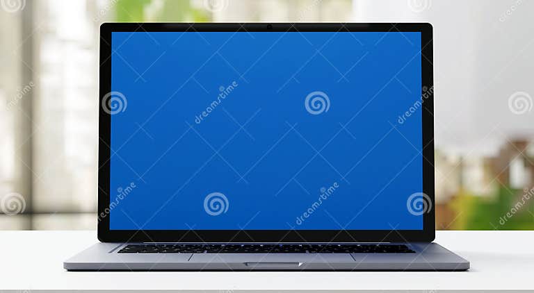 Laptop Computer Blue Screen in Office Working Space Mockup, 3d ...