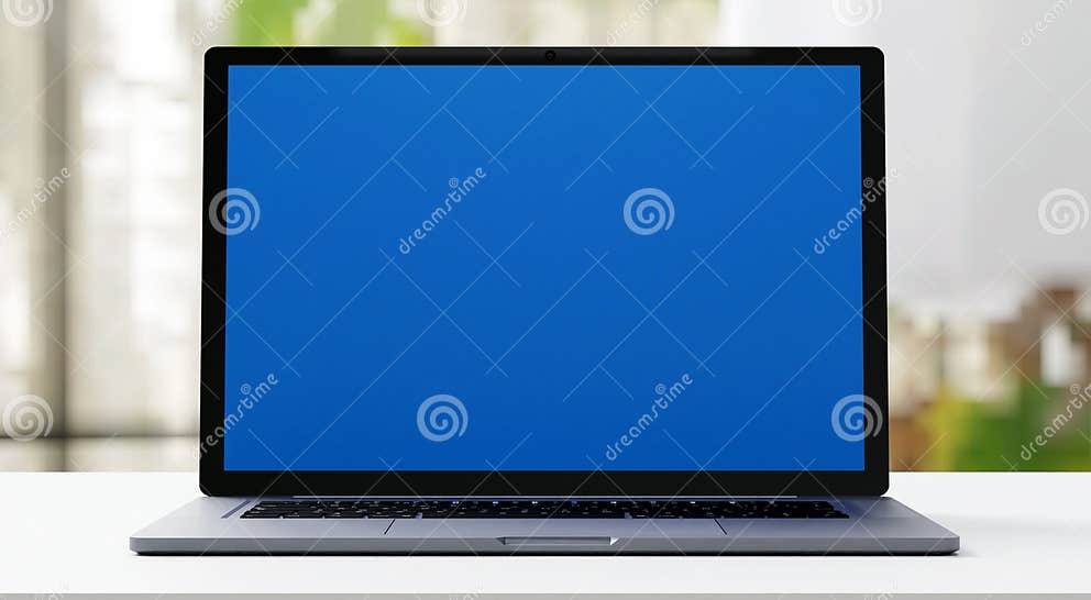 Laptop Computer Blue Screen in Office Working Space Mockup, 3d ...