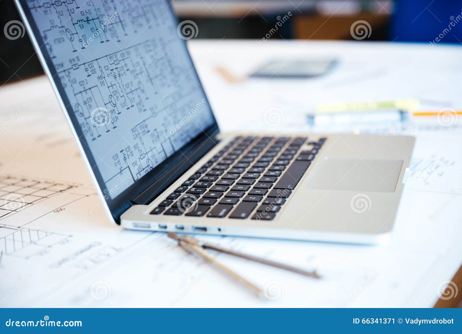 Laptop Computer with Blueprints on Screen Stock Image - Image of ...