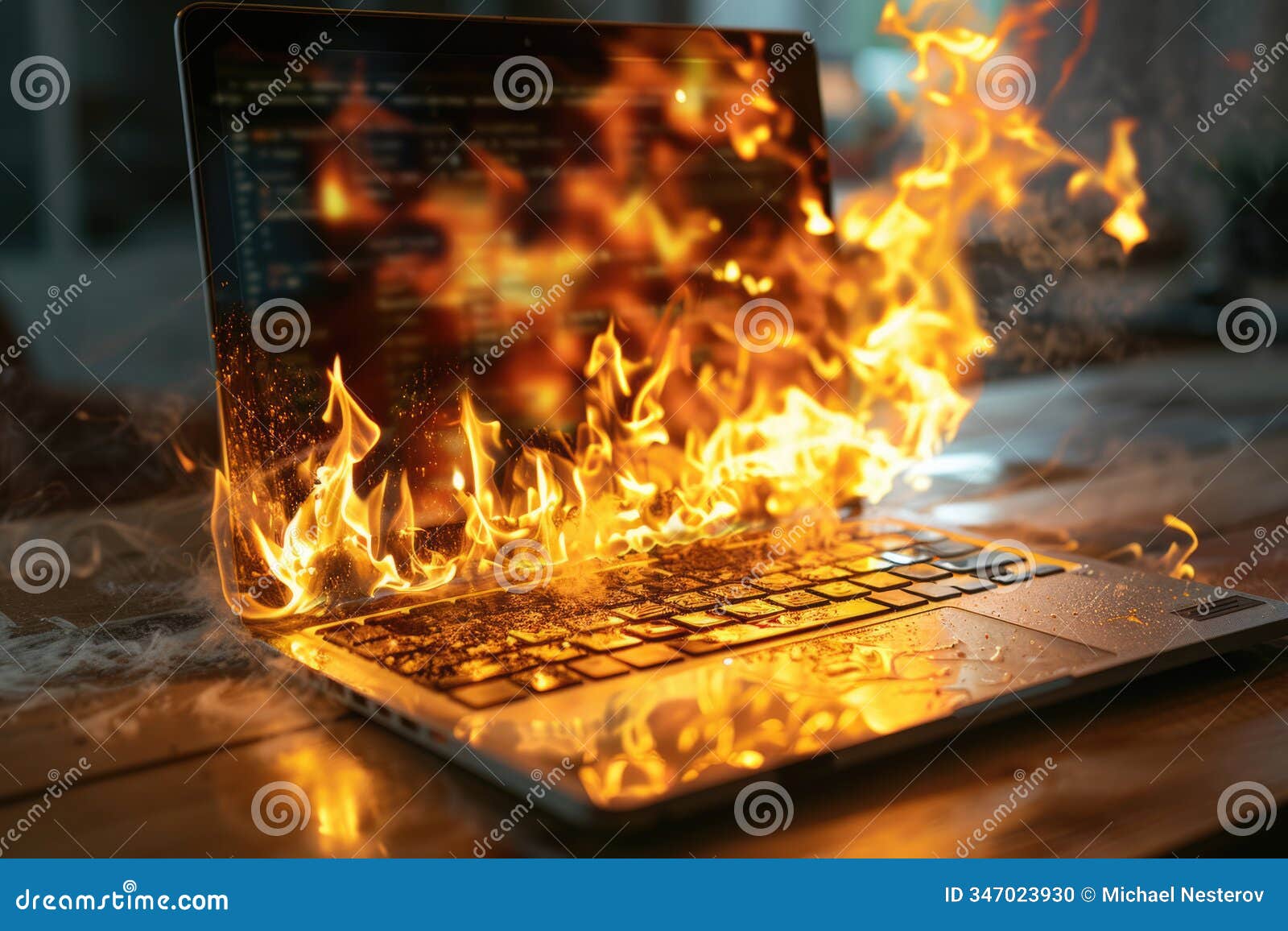 Laptop Computer is Burning on the Table, the Concept of Viruses ...