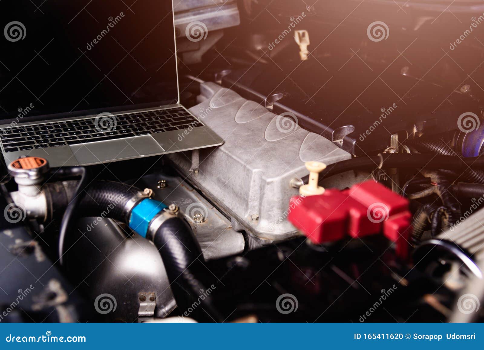 Laptop Computer on Car Mechanic Engine for Service Stock Photo - Image ...