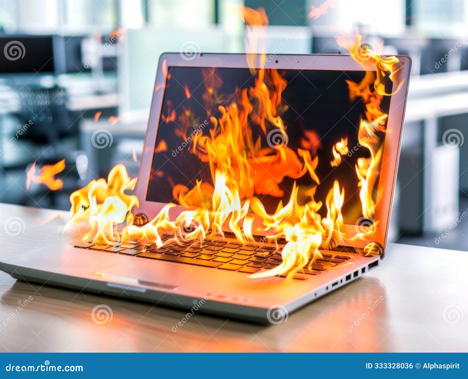 Laptop Computer Catching Fire on a Desk in an Office Stock Photo ...