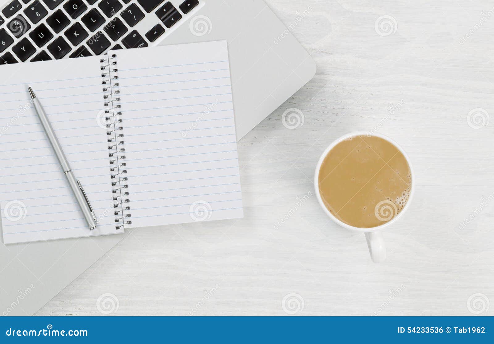 Laptop Computer with Coffee and Blank Notepad on White Desktop Stock ...