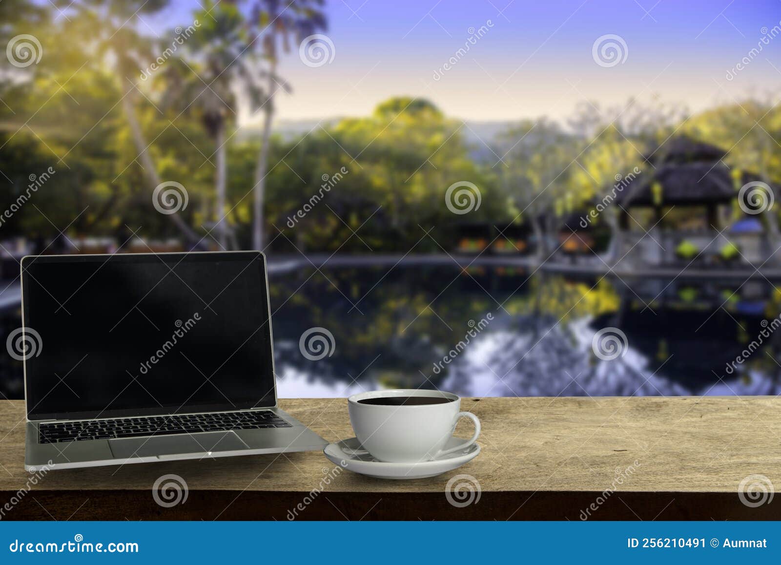 Laptop Computer with Coffee Cup on Wood Table on Relaxation in Summer ...