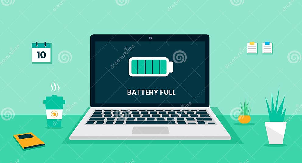 Laptop Computer Desk Battery Full Icon on Screen Concept, Vector Flat ...